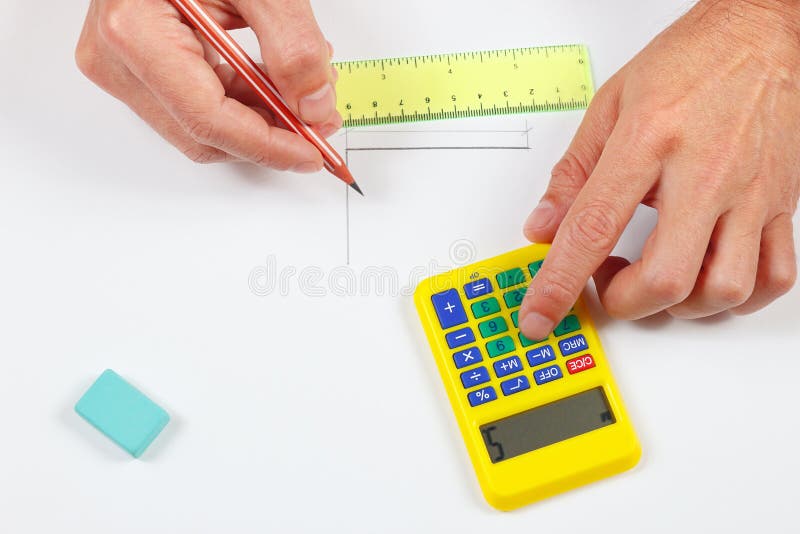 Hands Draw with a Pencil and Ruler on White Sheet of Paper Stock Photo ...