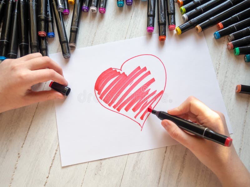 Hands Draw a Red Heart with Markers Stock Image - Image of love, marker ...