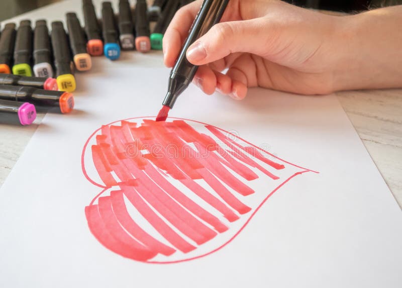 Hands Draw a Red Heart with Markers Stock Photo - Image of abstract ...