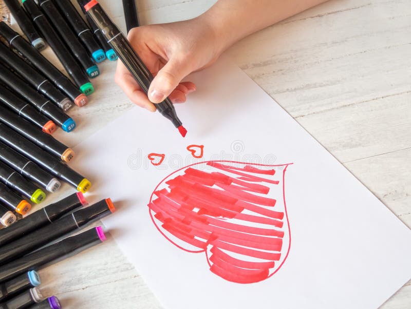 Hands Draw a Red Heart with Markers Stock Photo - Image of sign ...