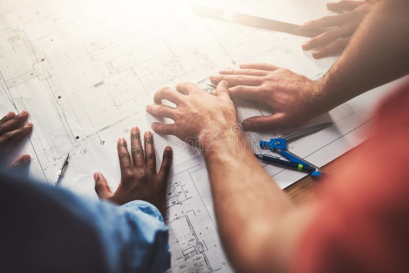 Hands, Man and Drawing on Blueprint in Office with Pencil for Planning ...