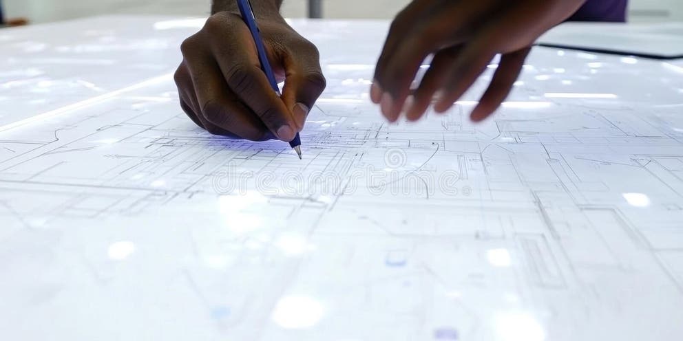 Hands Drawing Blueprint with Pen on White Surface, Architecture Concept ...