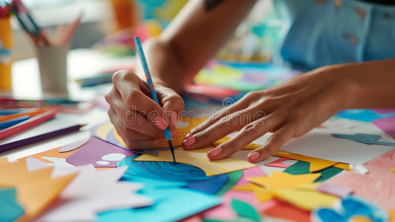 Hands Drawing on Colorful Paper Cutouts with a Blue Pencil on a Table ...