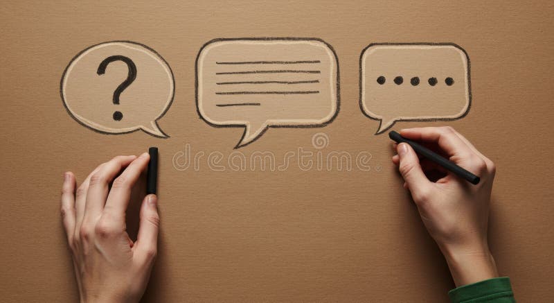 Hands Drawing Communication Symbols Speech Bubbles Question Text Dots ...
