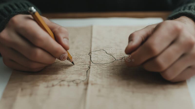 Hands Drawing Intricate Map with Pencil on Vintage Paper for Creative ...