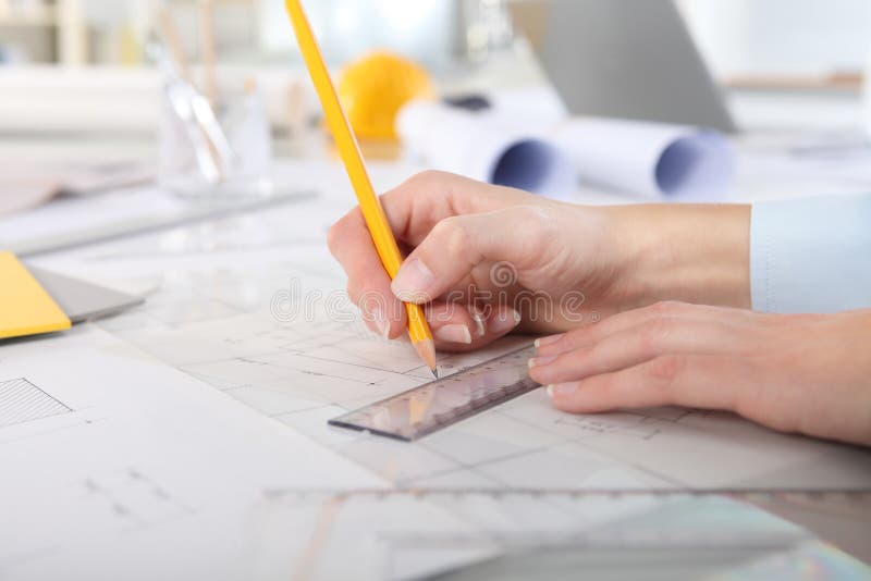 Hands Drawing with Pencil and Ruler, Close Up Stock Image - Image of ...