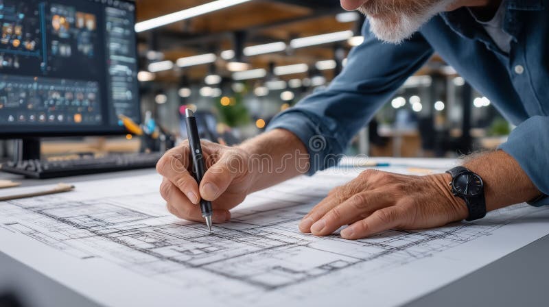Hands Drawing Precise Lines on Architectural Blueprint with Technical ...