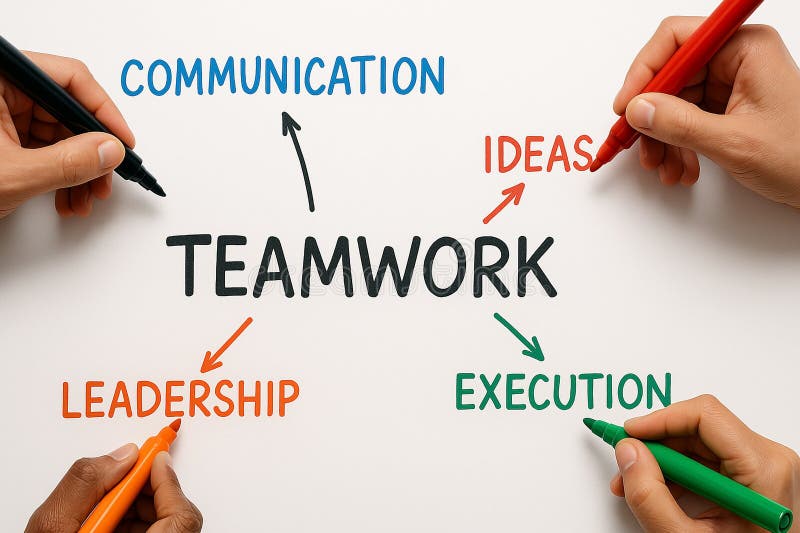 Hands Drawing Teamwork Diagram with Arrows Pointing To Communication ...