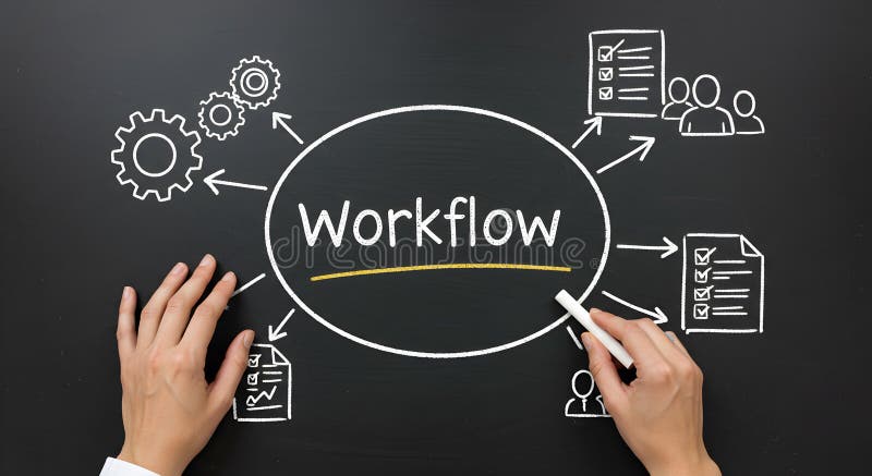 Hands Drawing Workflow Diagram with Chalk on Blackboard Showing Process ...