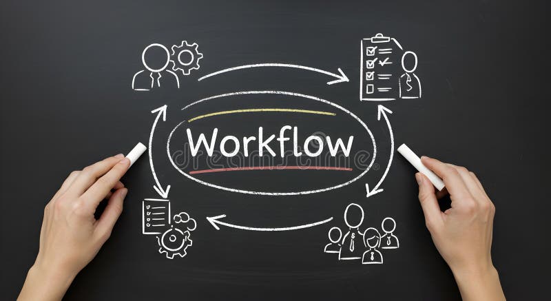 Hands Drawing a Workflow Diagram with Chalk on a Blackboard Showing ...