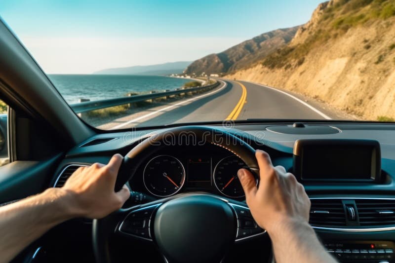 Hands Driver Hold Steering Wheel Trip To the Sea by Car Generative Ai ...