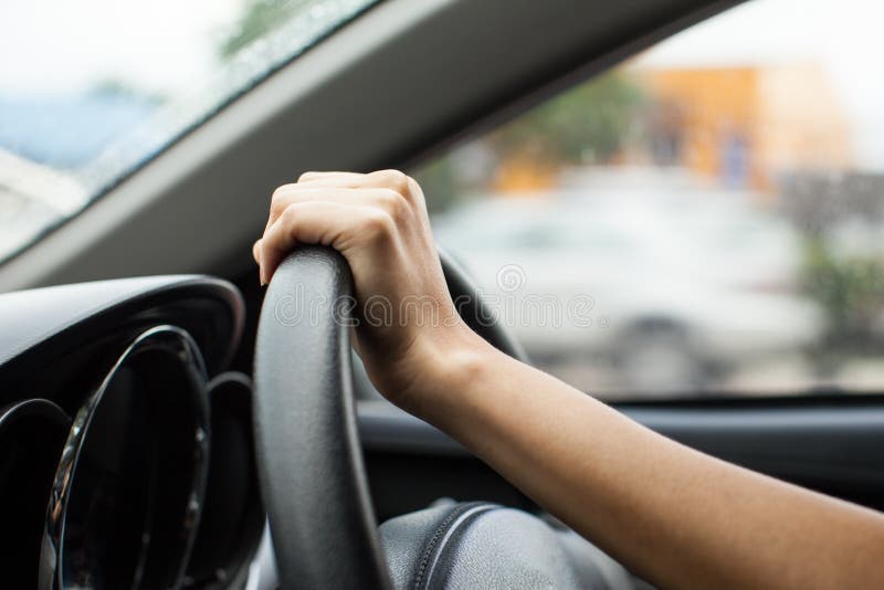 Hands of Driving Woman. on the Road. Stock Image - Image of ...