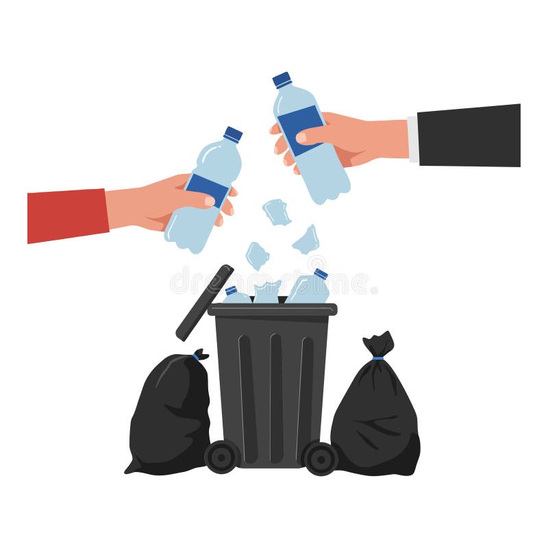 Hands Dropping Plastic Bottles into a Trash Bin in a Minimal Vector ...