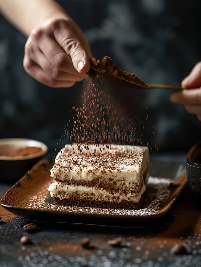 Hands Dusting Cocoa Powder Over a Creamy Tiramisu Adding the Final ...