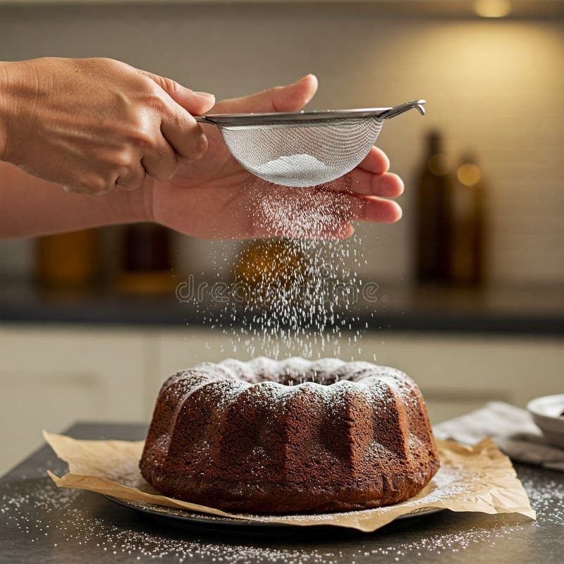 Hands Dusting a Finished Cake with Powdered Sugar Using a Fine Sieve ...