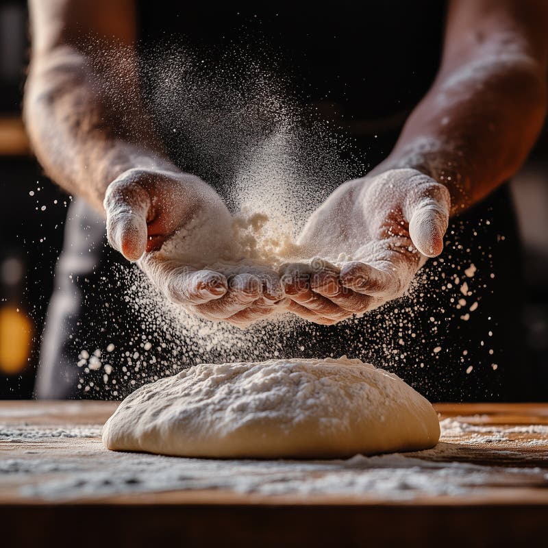 Dusting Flour on a Dough at Wooden Table, Baking Skill Behind Bread ...