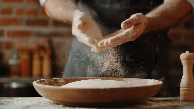 Hands Dusting Flour Over Dough in Preparation for Baking, Highlighting ...