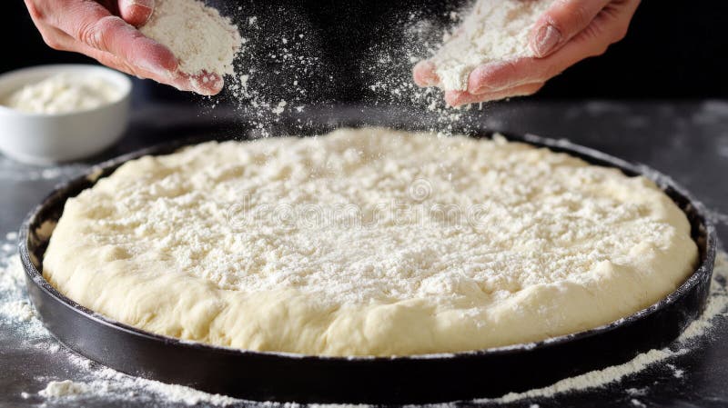 Hands Dusting Flour Over Pizza Dough in Pan Stock Illustration ...