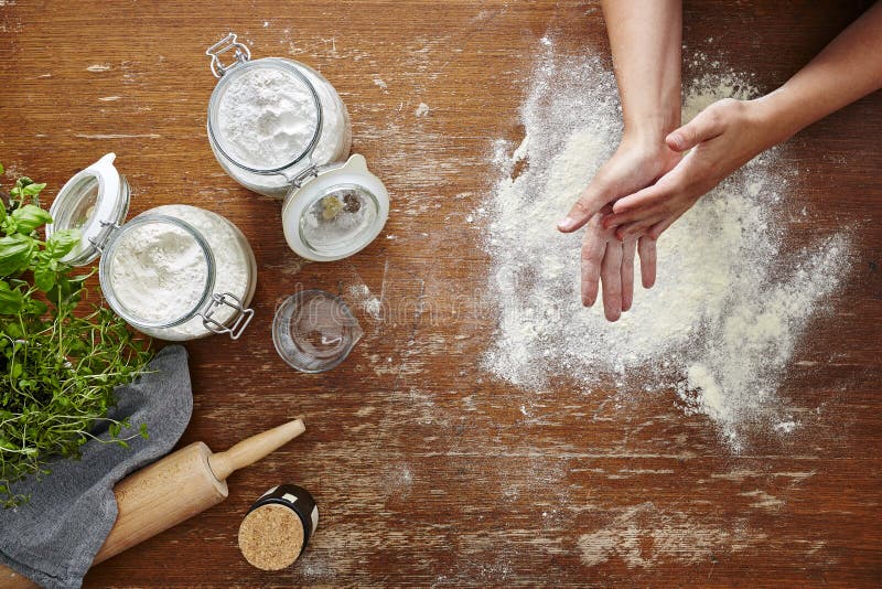Hands Dusting Off Flour Baking Scene Flour on Wooden Table Stock Image ...