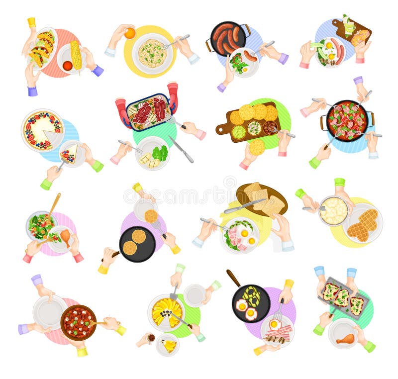 Hands Eating Dinner at Kitchen Table Above View Big Vector Set Stock ...