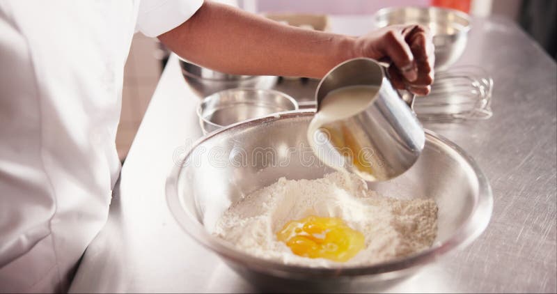 Hands, Eggs or Pouring Milk in Flour on Table, Chef or Process of Dough ...
