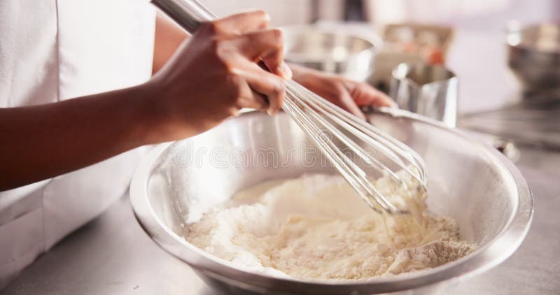 Hands, Eggs or Whisk Flour Mixture on Table, Chef or Process of Dough ...