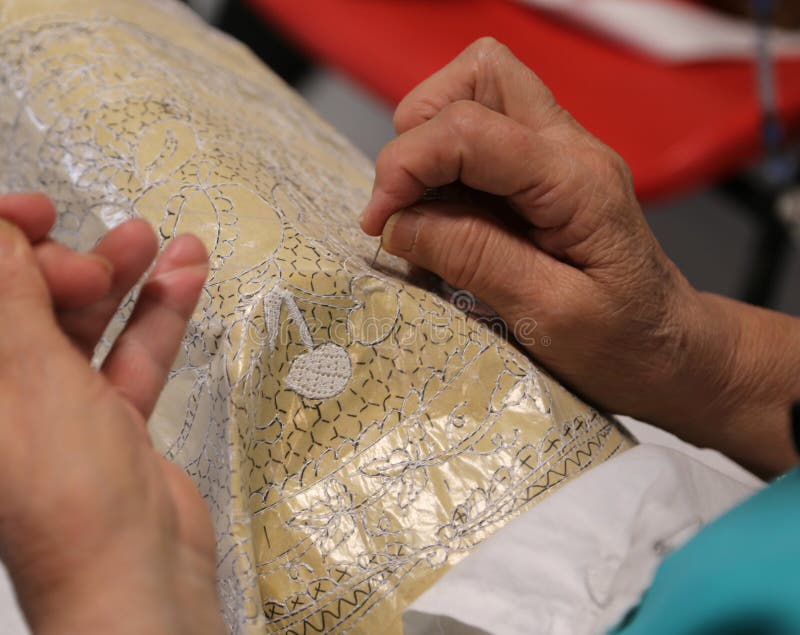 Hands of the Elderly while Embroidering a Lace Stock Photo - Image of ...