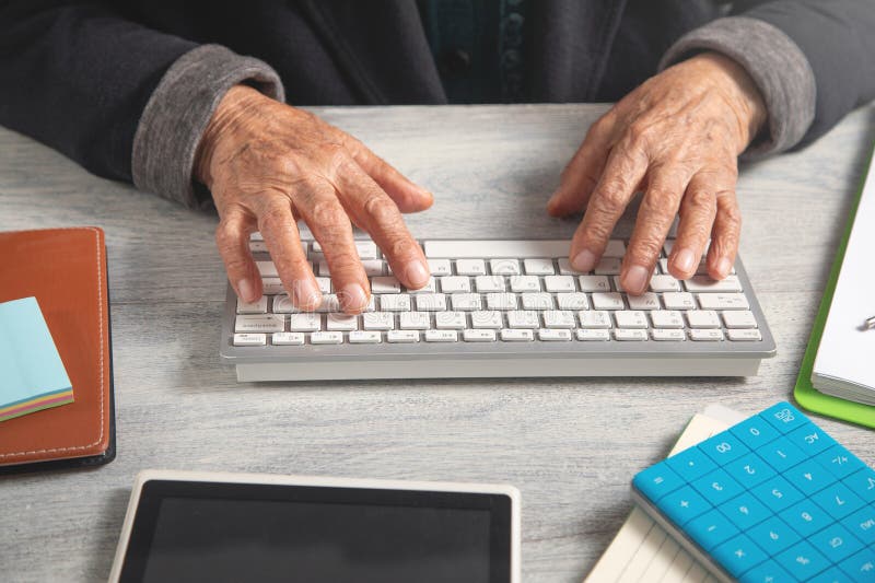 Hands of Elderly Woman Typing in Computer Keyboard Stock Image - Image ...