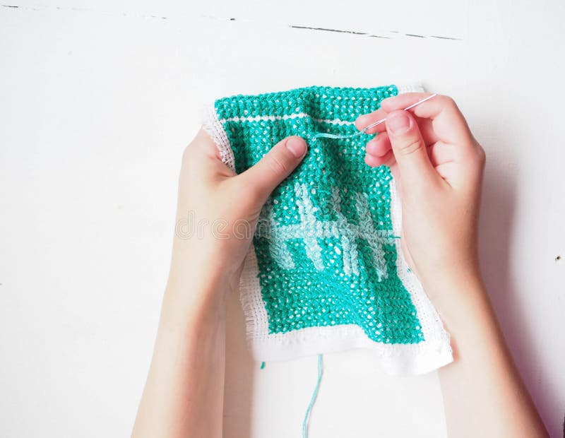 Hands Embroidering Pattern . Stock Image - Image of finger, canvas ...