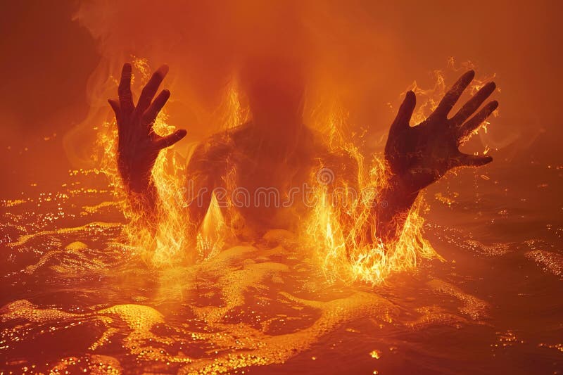 Hands Emerging from the Fiery River of Hell, Orange and Red Background ...