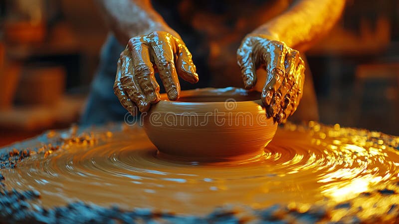 Hands Engage in Delicate Process of Shaping Spinning Pot from Wet Clay ...