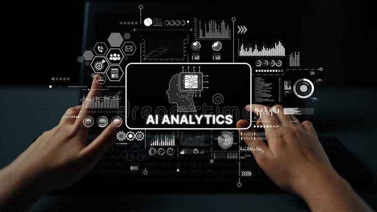 Hands Engaged in AI Analytics with Data Visualizations on Laptop Screen ...