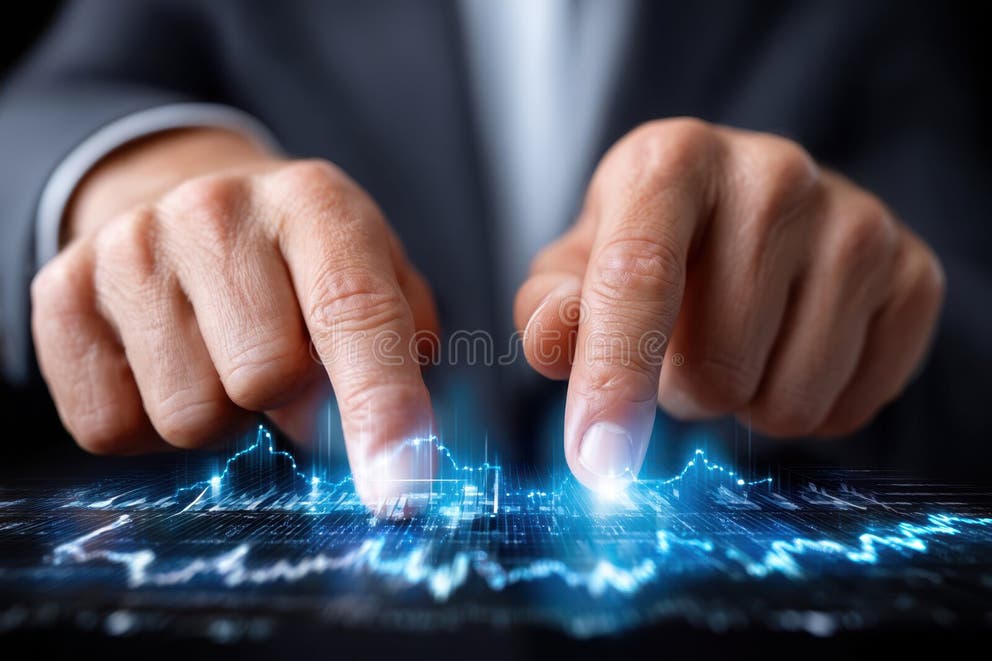 Hands Engaged in Digital Manipulation of Data Visualization on a Touchscreen Interface Stock ...