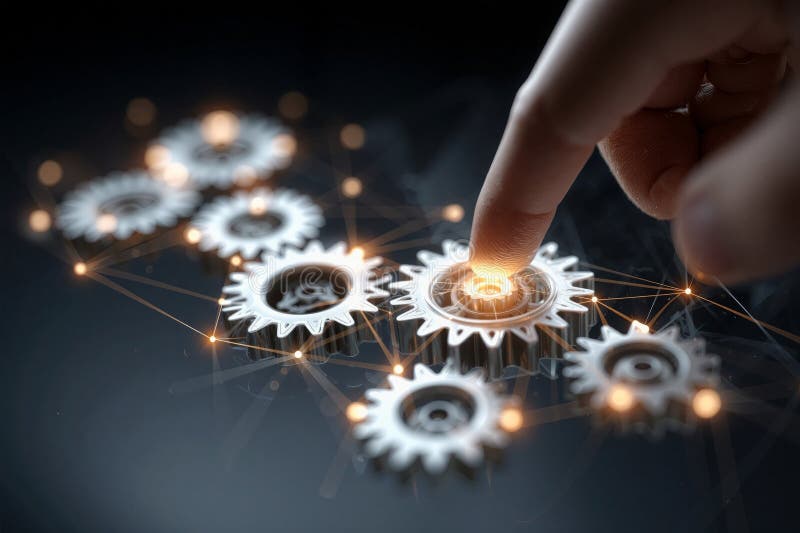 Hands Engaged in Mechanical Work with Gears and Lights Reflecting ...