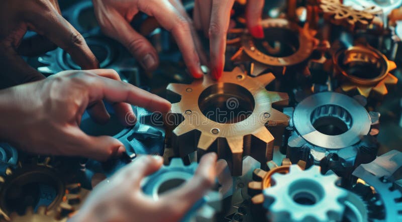 Hands Engaged in Turning Interconnected Gears, Symbolizing ...