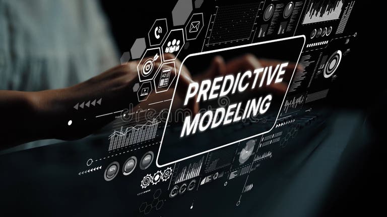 Hands Engaging with Digital Interface Displaying Predictive Modeling and Data Analytics Concepts ...