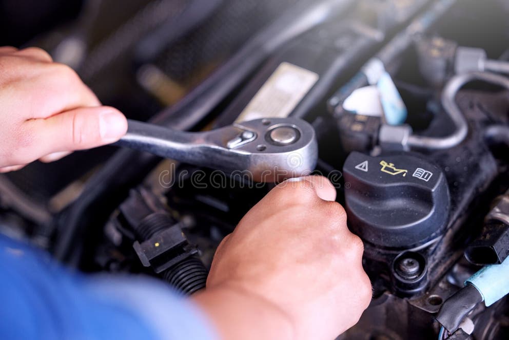 Hands, Engine and Mechanic with a Man Engineer Working with a Spanner ...