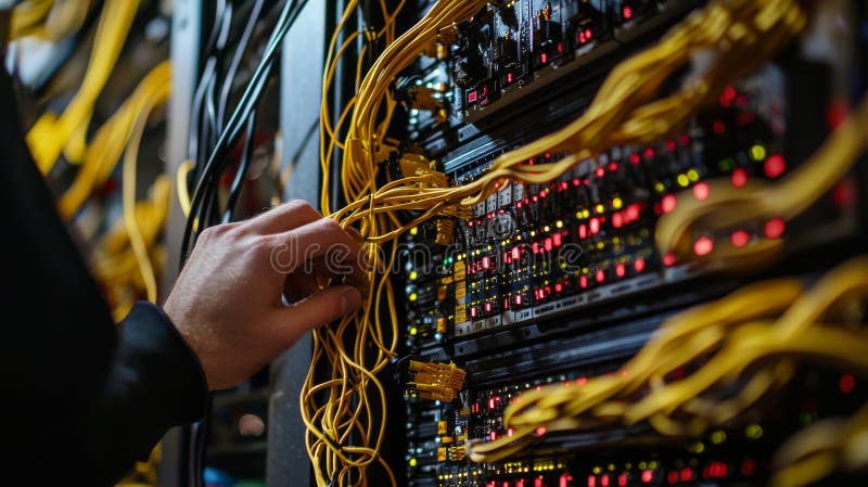 The Hands of an Engineer Repairing a Router in a Server Room. Stock ...