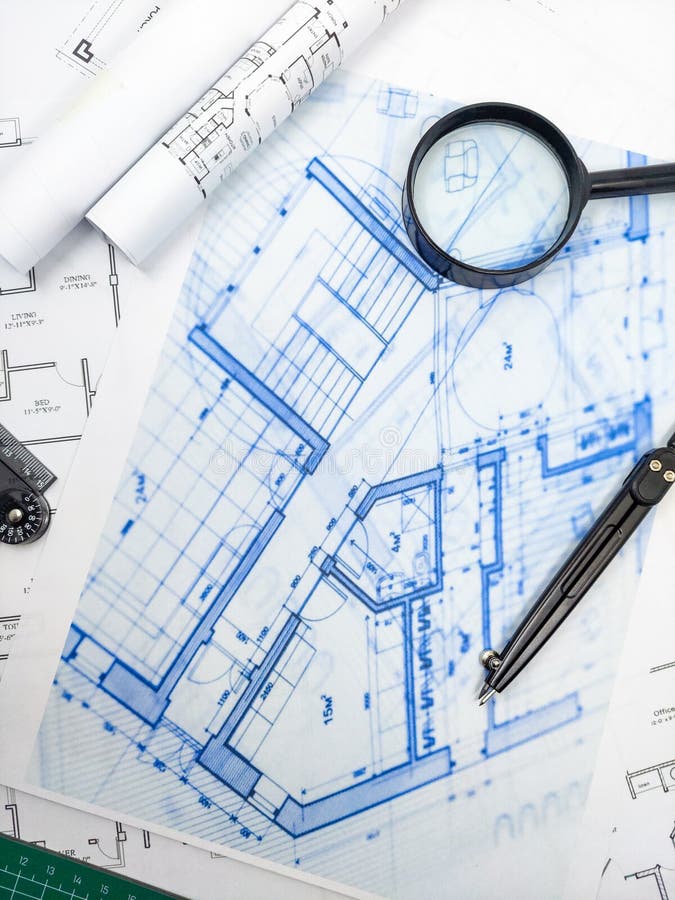 Hands of Engineer Working on Blueprint. Architecture Interior Concept ...