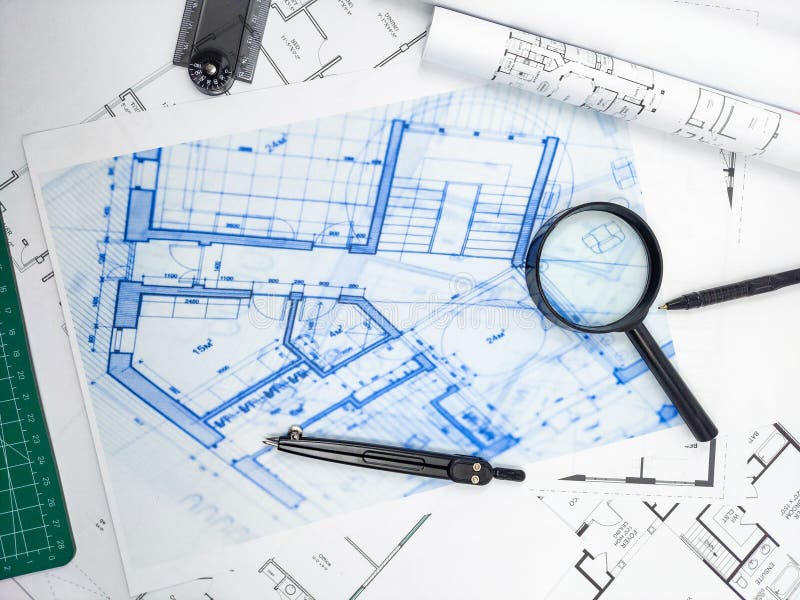 Hands of Engineer Working on Blueprint. Architecture Interior Concept ... Hands of Engineer Working on Blueprint. Architecture Interior Concept ...