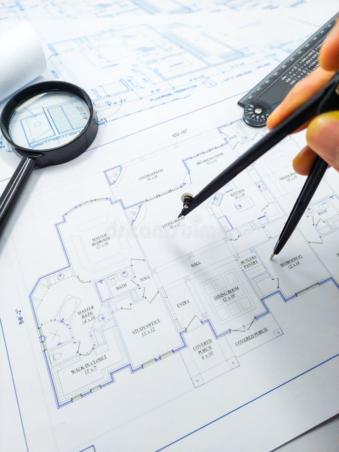 Hands of Engineer Working on Blueprint. Architecture Interior Concept ...