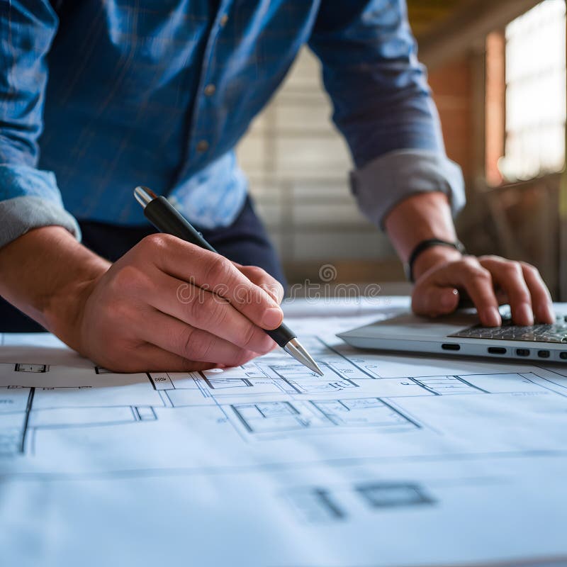 Hands of Engineer Working on Blueprint Architecture Interior Concept ...