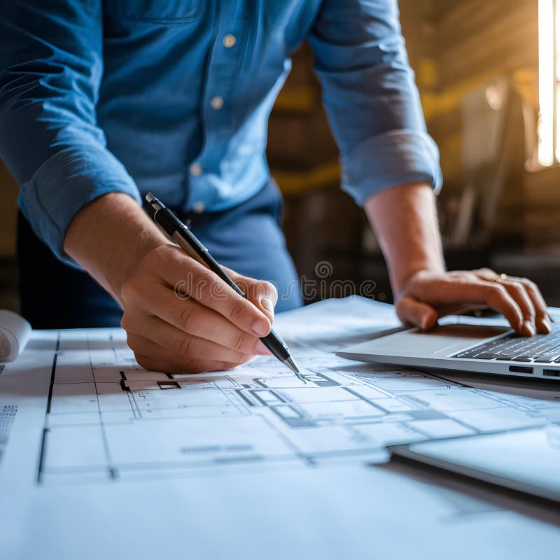 Hands of Engineer Working on Blueprint Architecture Interior Concept ...