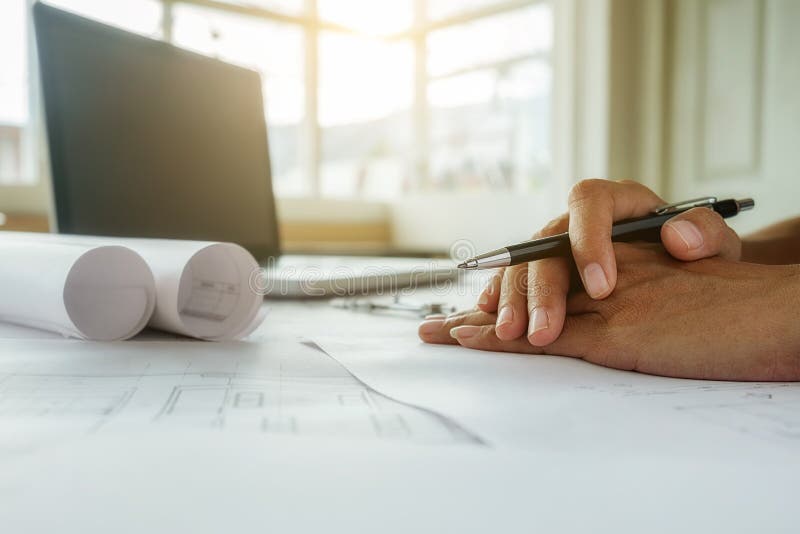 Hands of Engineer Working on Blueprint,Construction Concept. Eng Stock ...