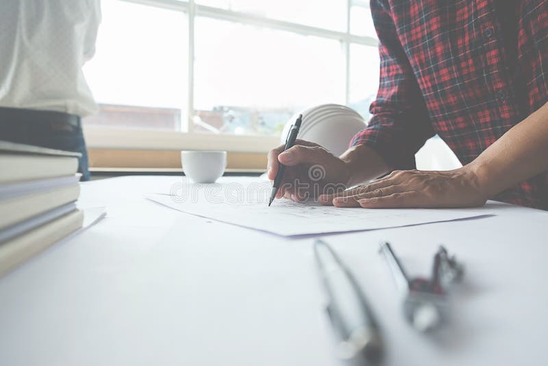 Hands of Engineer Working on Blueprint Stock Photo - Image of ...
