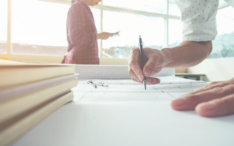 Hands of Engineer Working on Blueprint Stock Photo - Image of ...