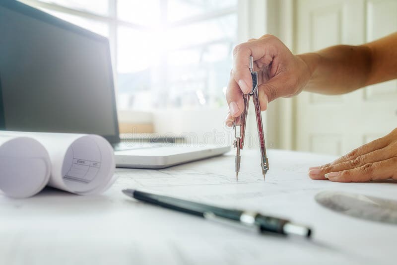 Hands of Engineer Working on Blueprint,Construction Concept. Eng Stock ...