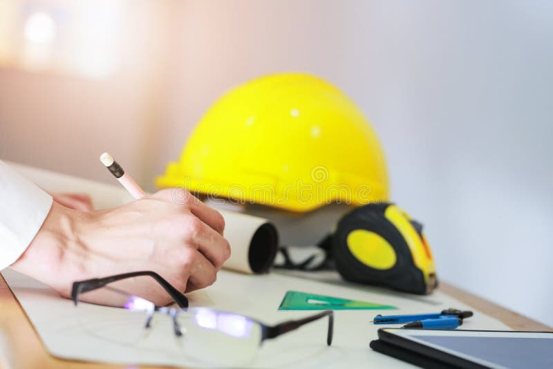 Hands of Engineer Working on Blueprint, Image of Engineering. Stock ...