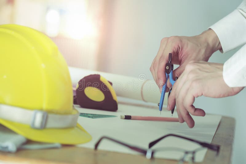 Hands of Engineer Working on Blueprint, Image of Engineering. Stock ...
