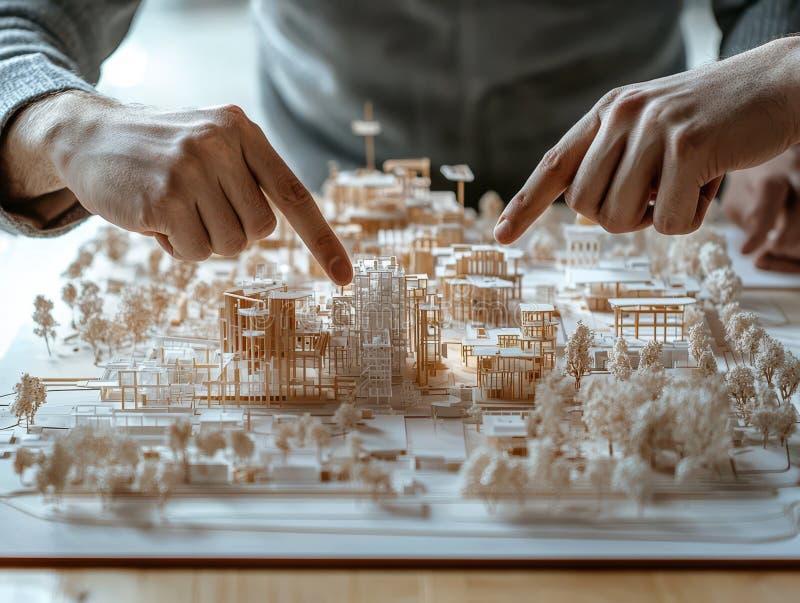 The Hands of Engineers and Architects Pointing at a Model on a Table ...